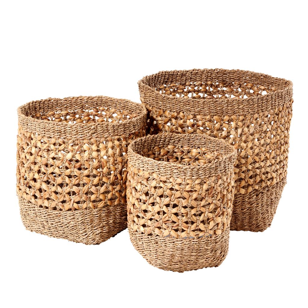 S/3 Seagrass and Water Hyacinth Natural Tall Round Baskets – Modern ...